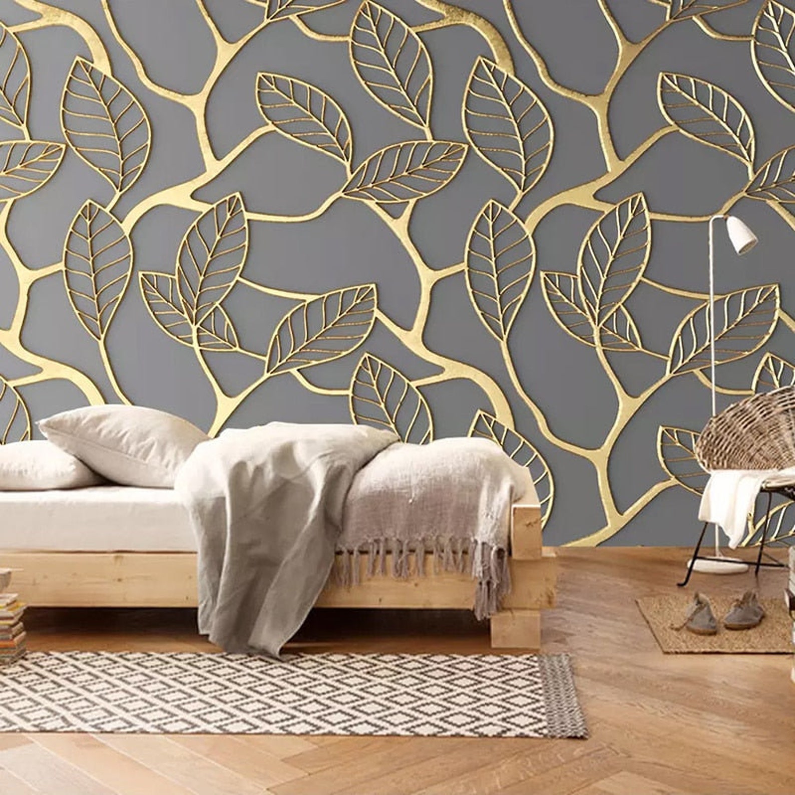 Golden Tree Leaves 3D Wallpaper, Custom Size Wallpaper, Accent ...