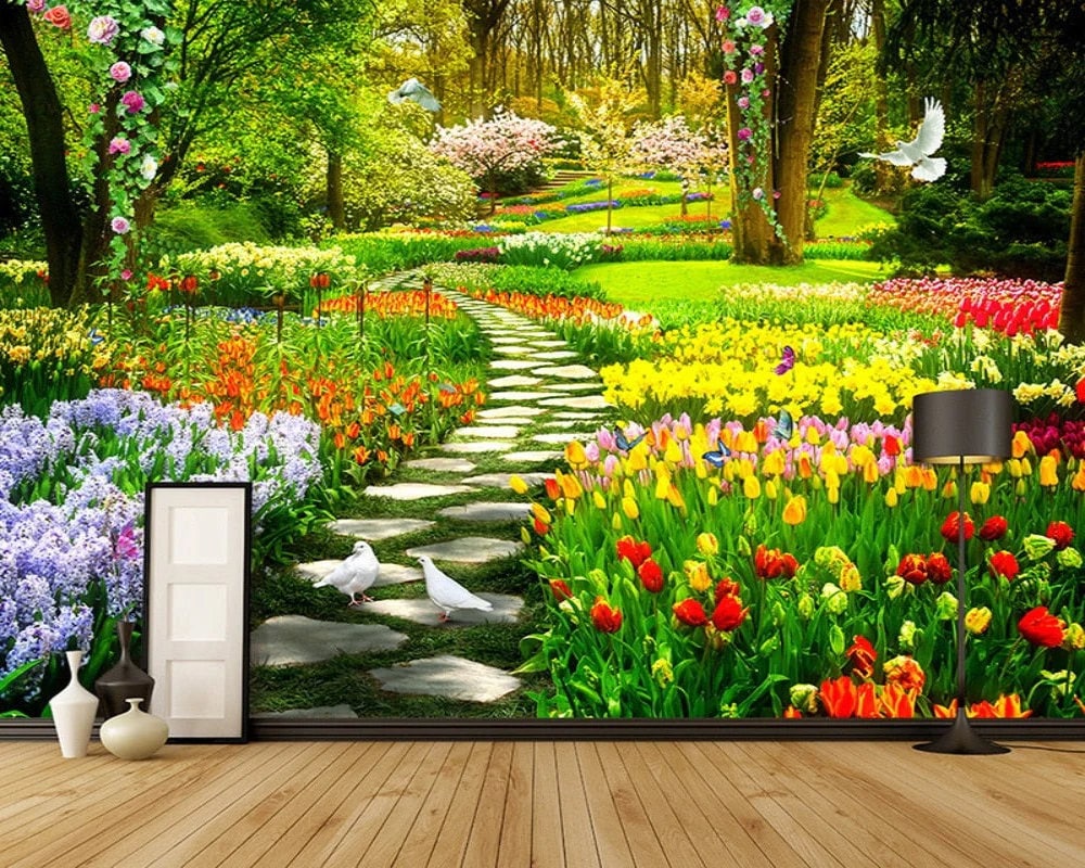 Flower Garden Path 3D Wallpaper, Custom Size Wallpaper, Accent ...