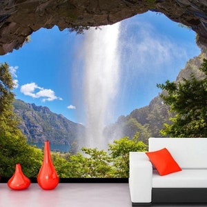 Cave Waterfall 3D Wallpaper, Custom Size Wallpaper, Accent Wallpaper ...