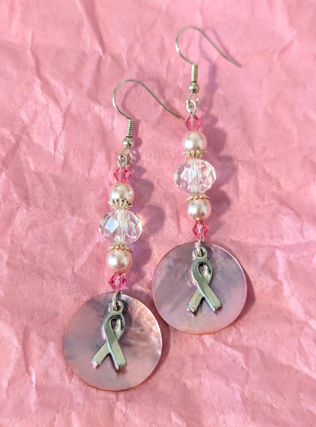 Breast Cancer Pearl & Shell Ribbon Earrings, Think Pink Earrings ...
