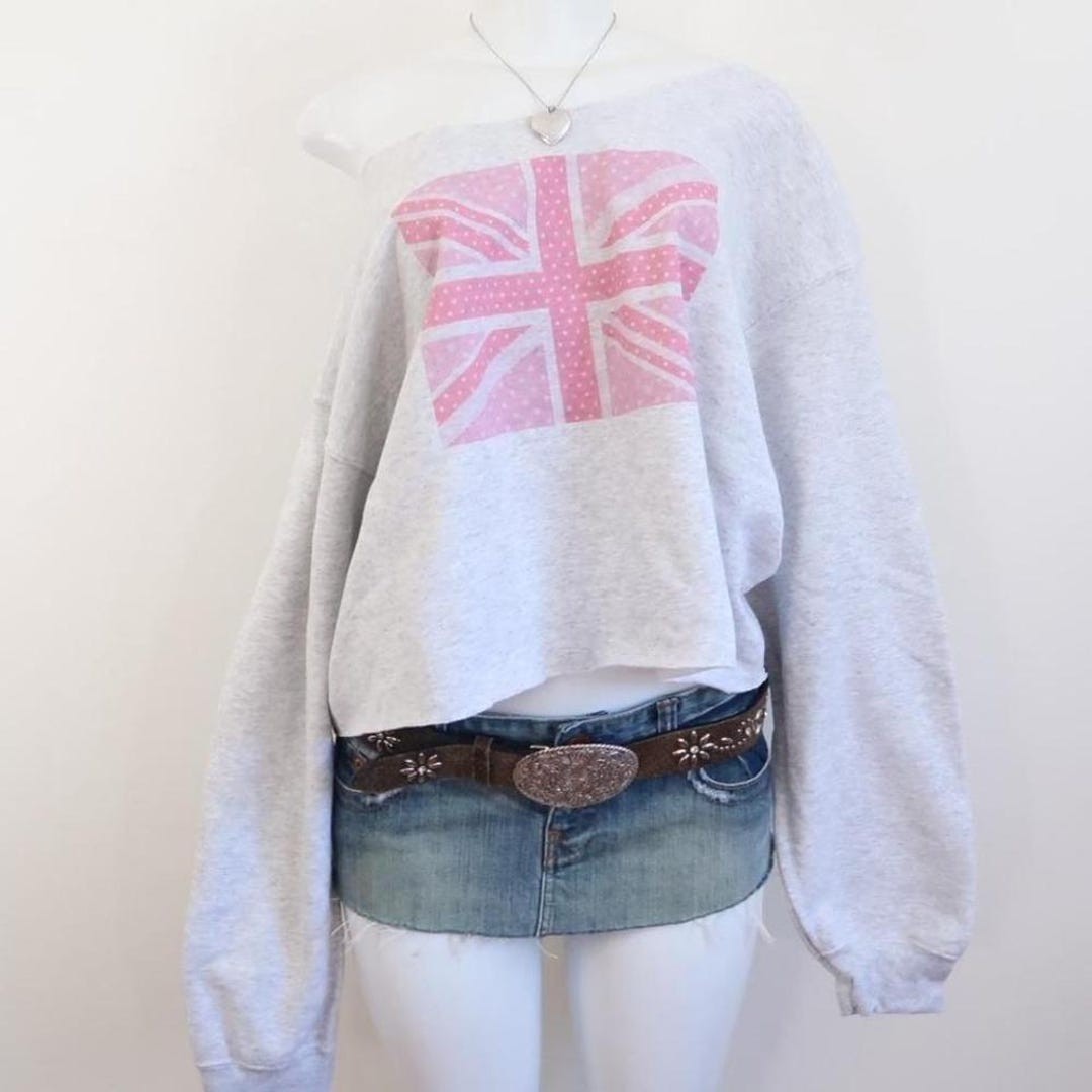 Y2k Union Jack Pink One Shoulder Sweatshirt Grey Cropped Top - Etsy UK