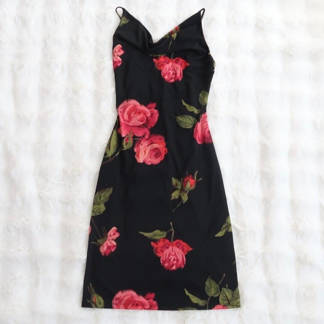 Sirens Black Rose Print Y2k Bodycon Dress - Size L - Etsy