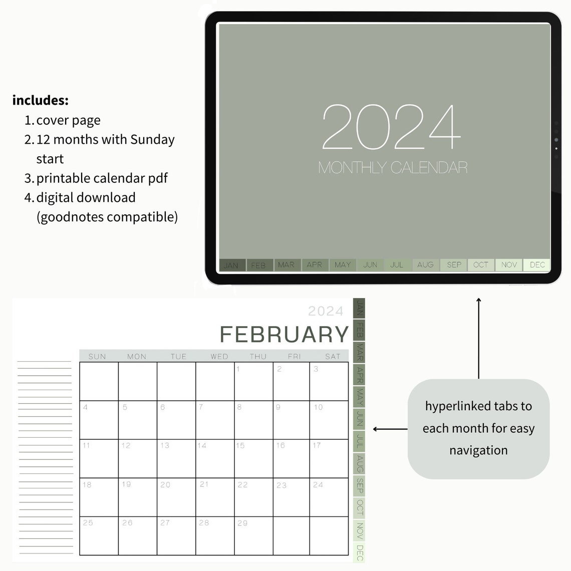 2024 Monthly Calendar Sage Green Theme, Dated, Digital Download ...