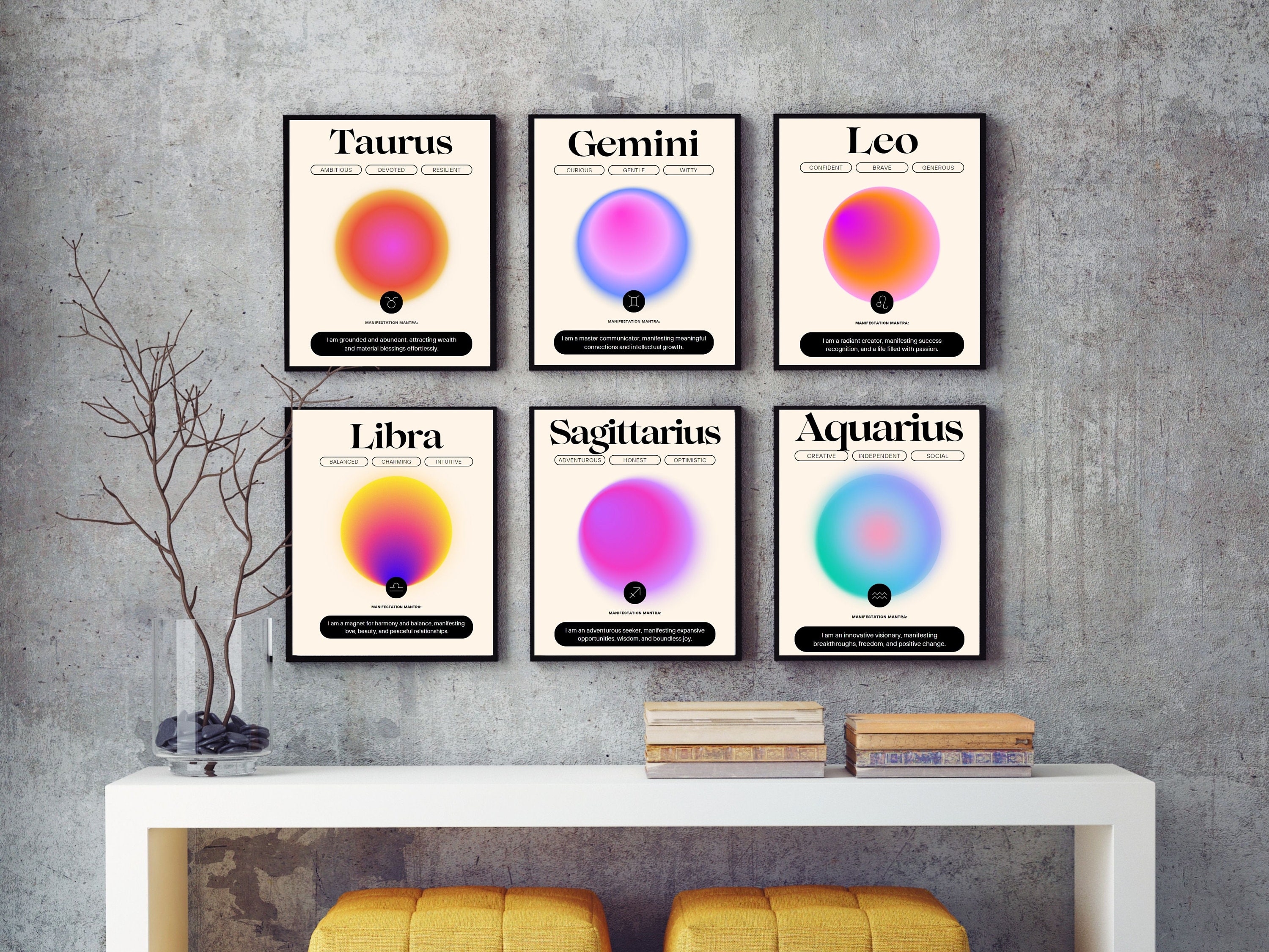 Retro Zodiac Sign Posters, Instant Download Wall Art, Prints, Colorful ...