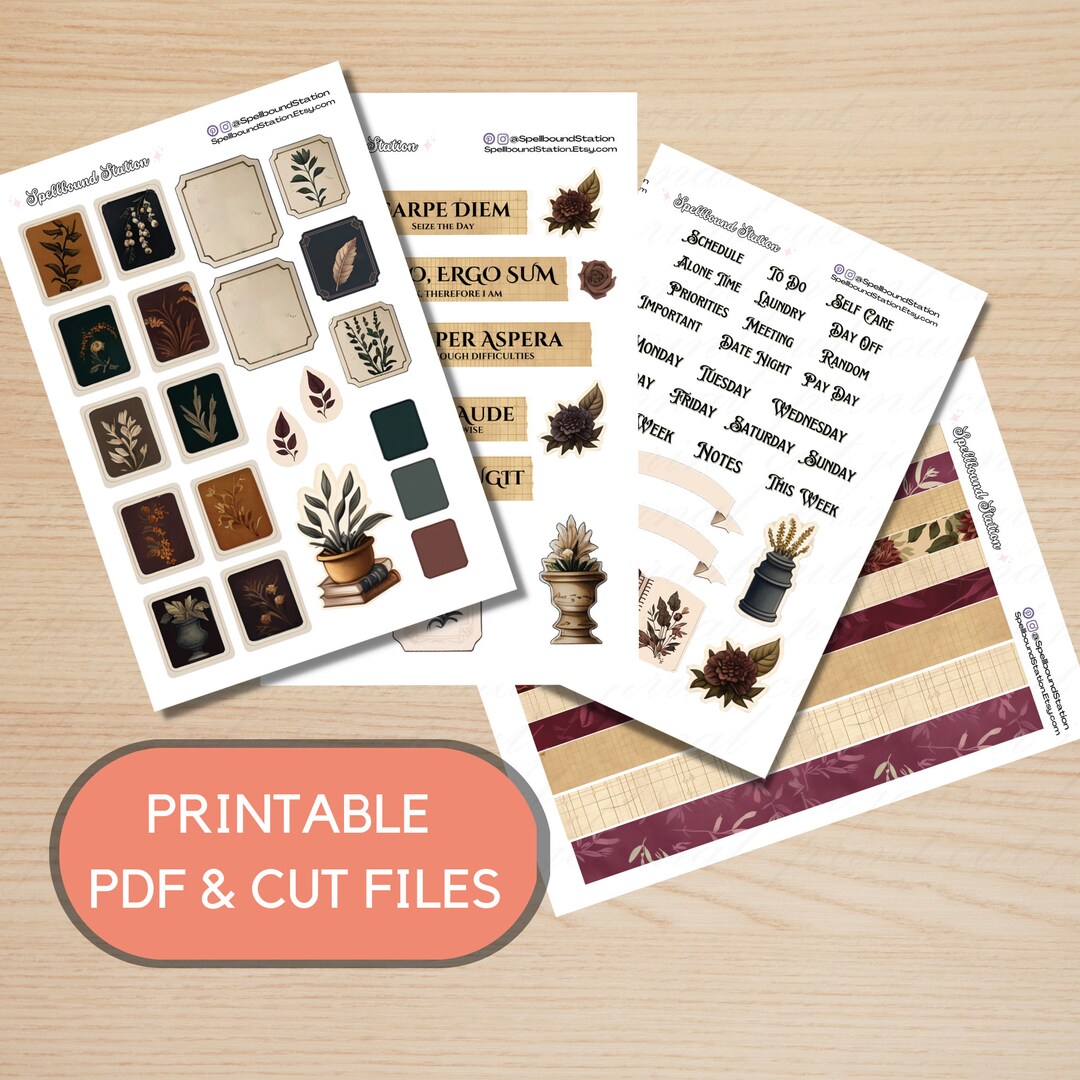 Dark Academia Printable Sticker Bundle | Planner Stickers, Deco Sheet ...