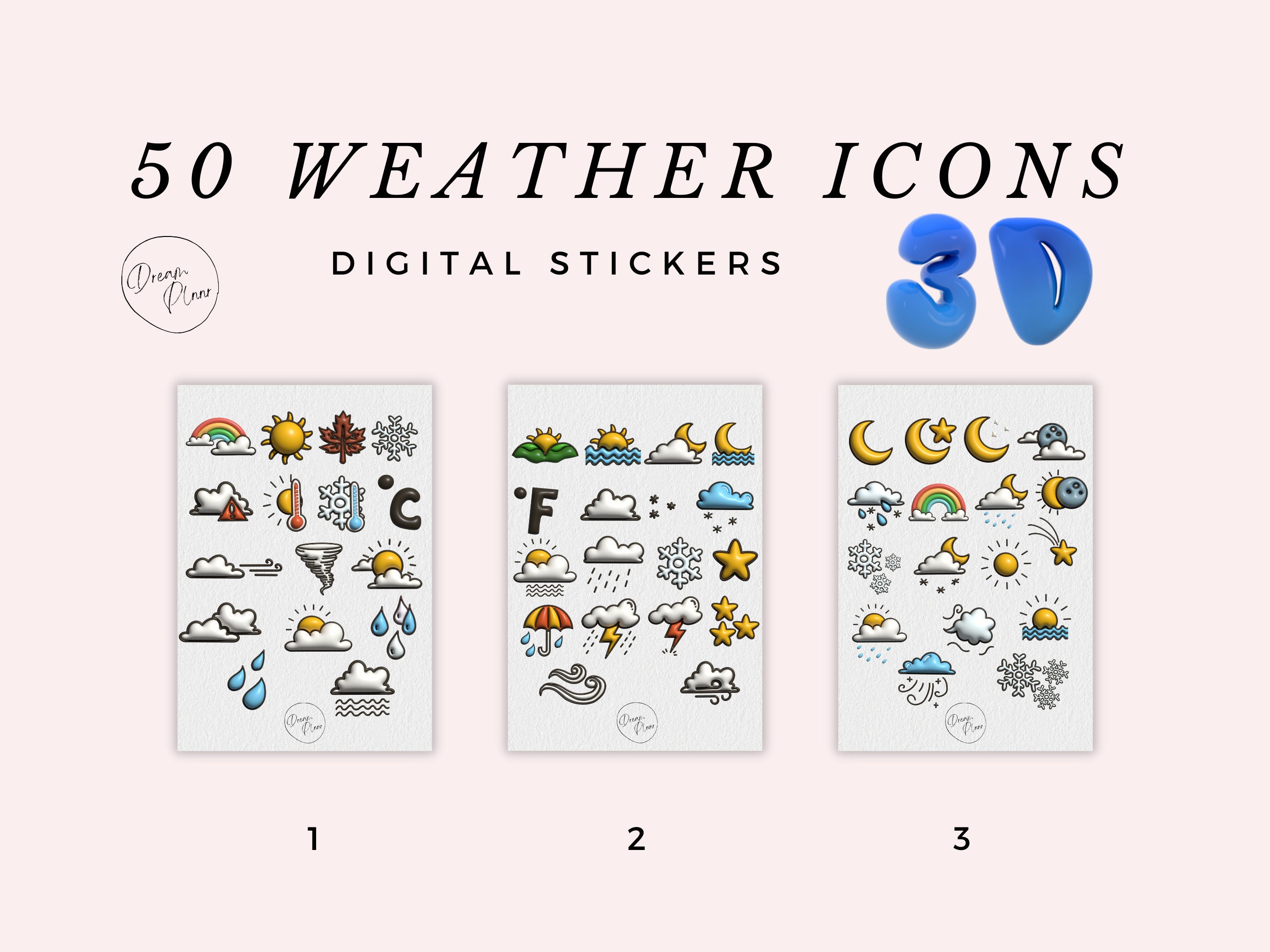 50 Weather 3D Icons PRE-CROPPED PNG Digital Planner Stickers for iPad ...