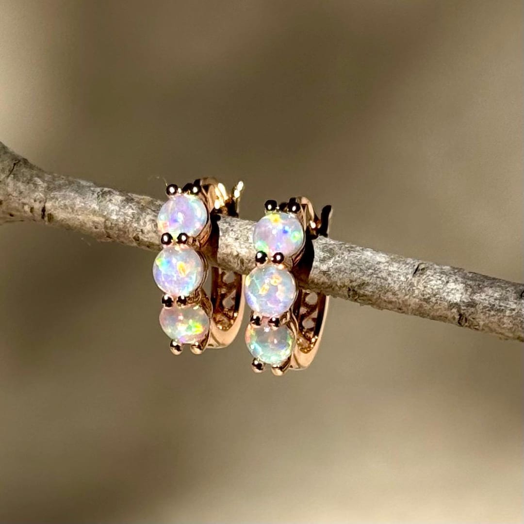 Opal Hoop Earrings, Opal Earring Gold, Huggie Earrings, Blue Opal ...