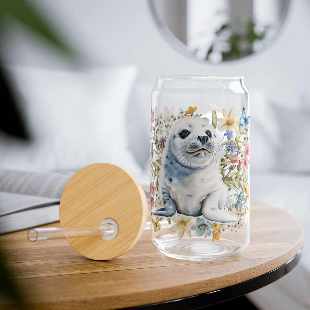 Customizable Baby Seal Floral Coffee Glass Cute Seal Gift for Friend ...