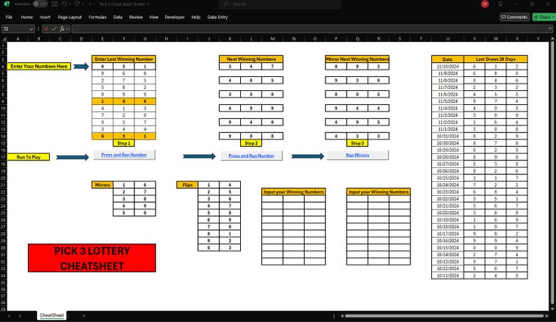 Pick 3 Lottery Cheat Sheet Microsoft Excel Spreadsheet -easy to Use ...