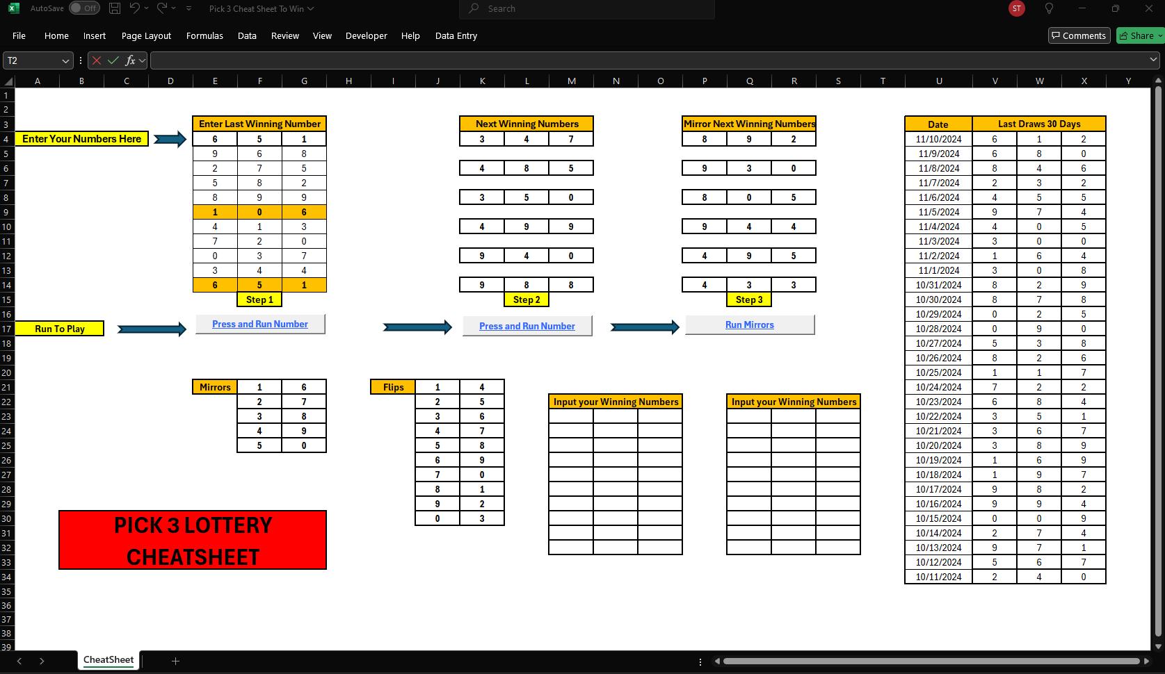 Pick 3 Lottery Cheat Sheet Microsoft Excel Spreadsheet -easy to Use ...