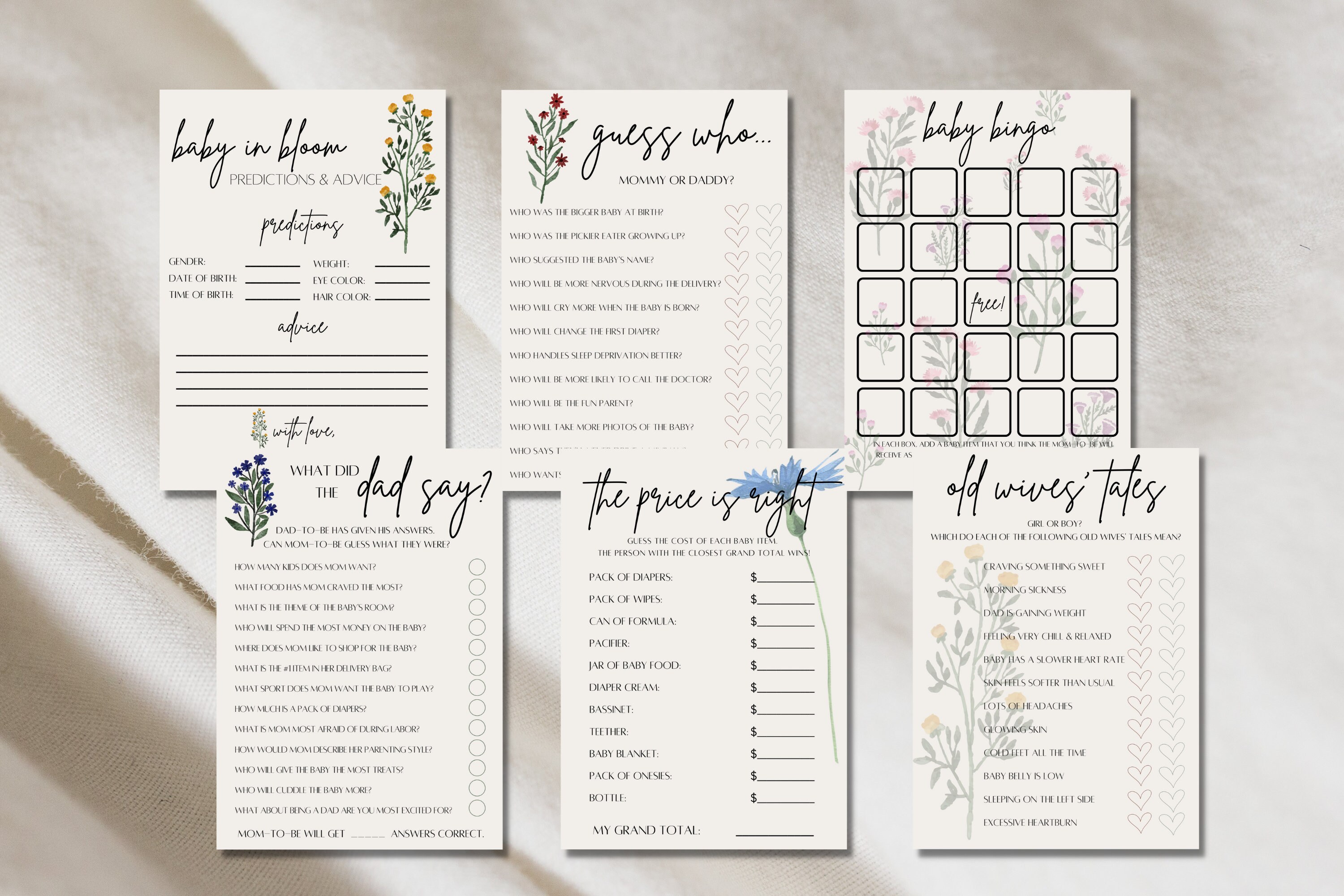 Baby in Bloom Baby Shower Game Bundle, Wild Flower Baby Shower Games ...