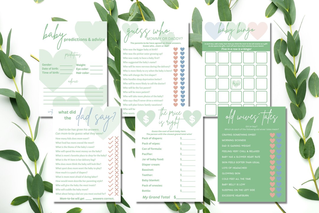 Gender Neutral Baby Shower Game Bundle, Green Baby Shower Games ...