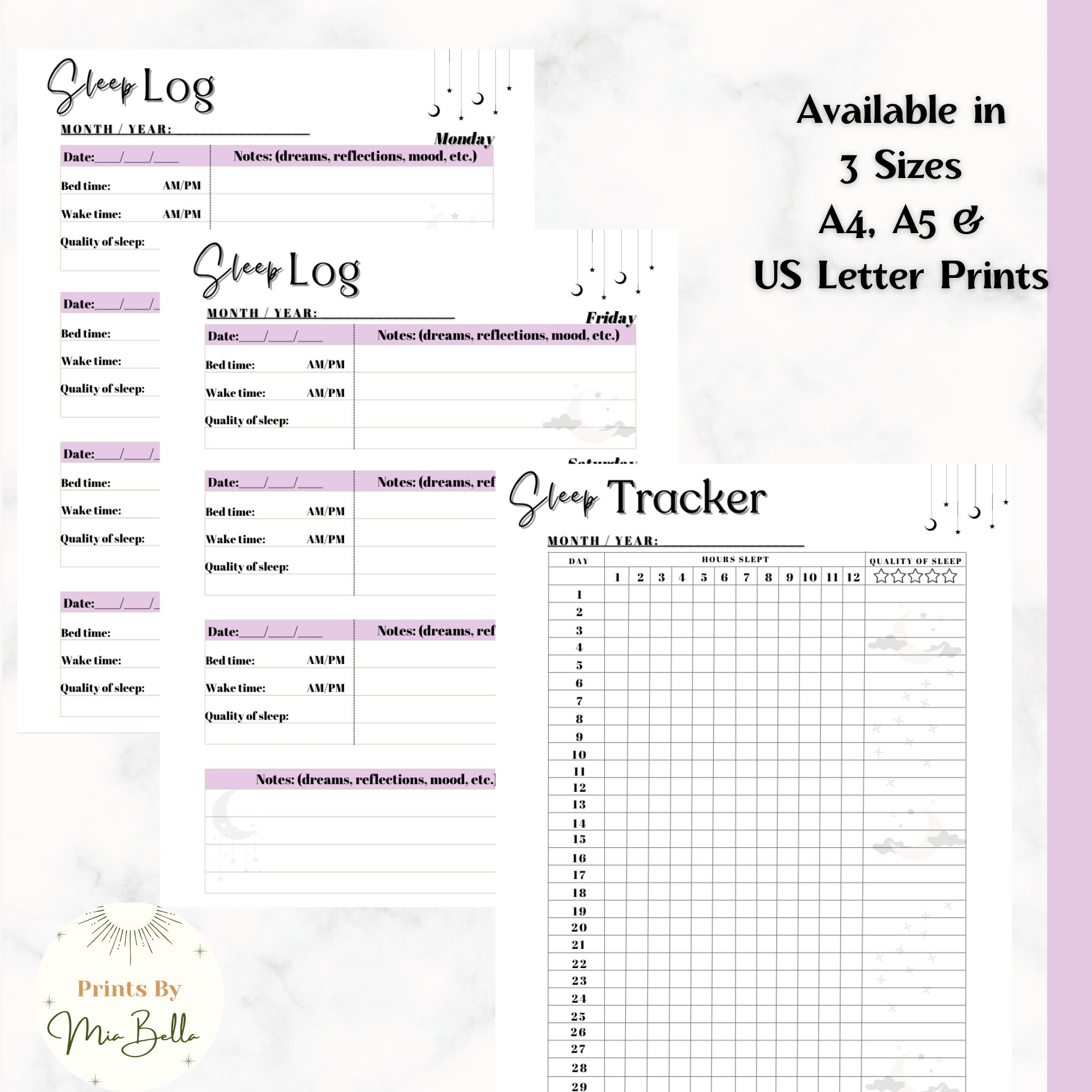 Sleep Tracker Printable: A4 A5 US Letter, Sleep Log (PDF Download ...