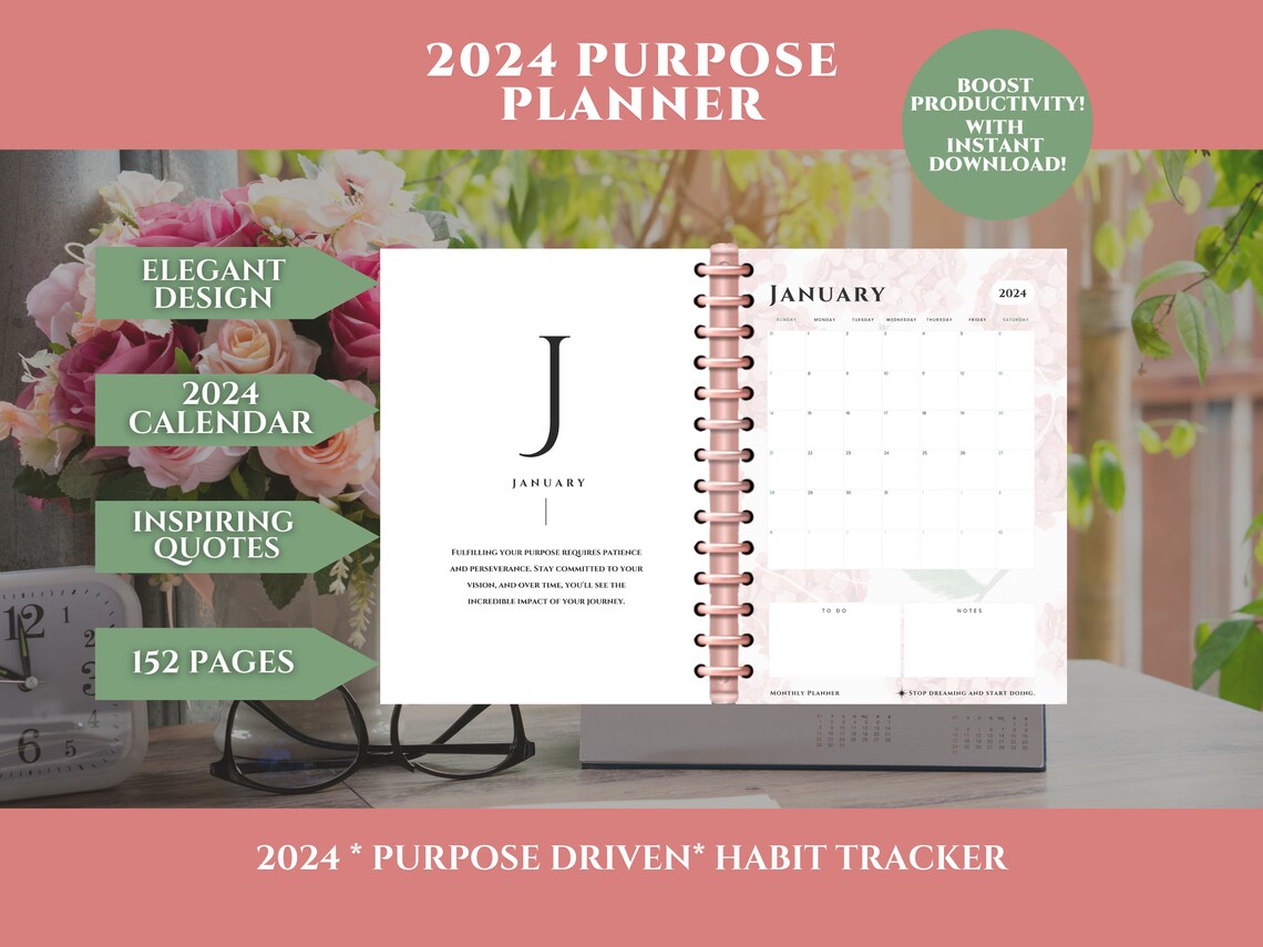 2024 Purpose Planner, 2024 Calendar, Hydrangea Business Planner, Monthly Weekly Yearly Planner ...