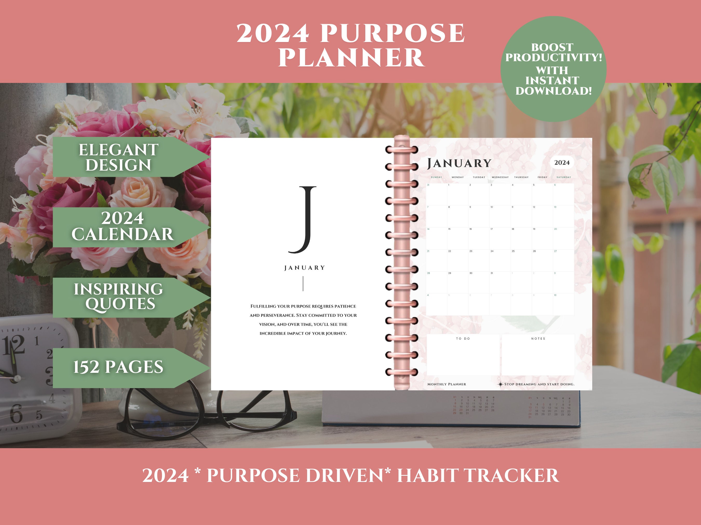 2024 Purpose Planner, 2024 Calendar, Hydrangea Business Planner ...