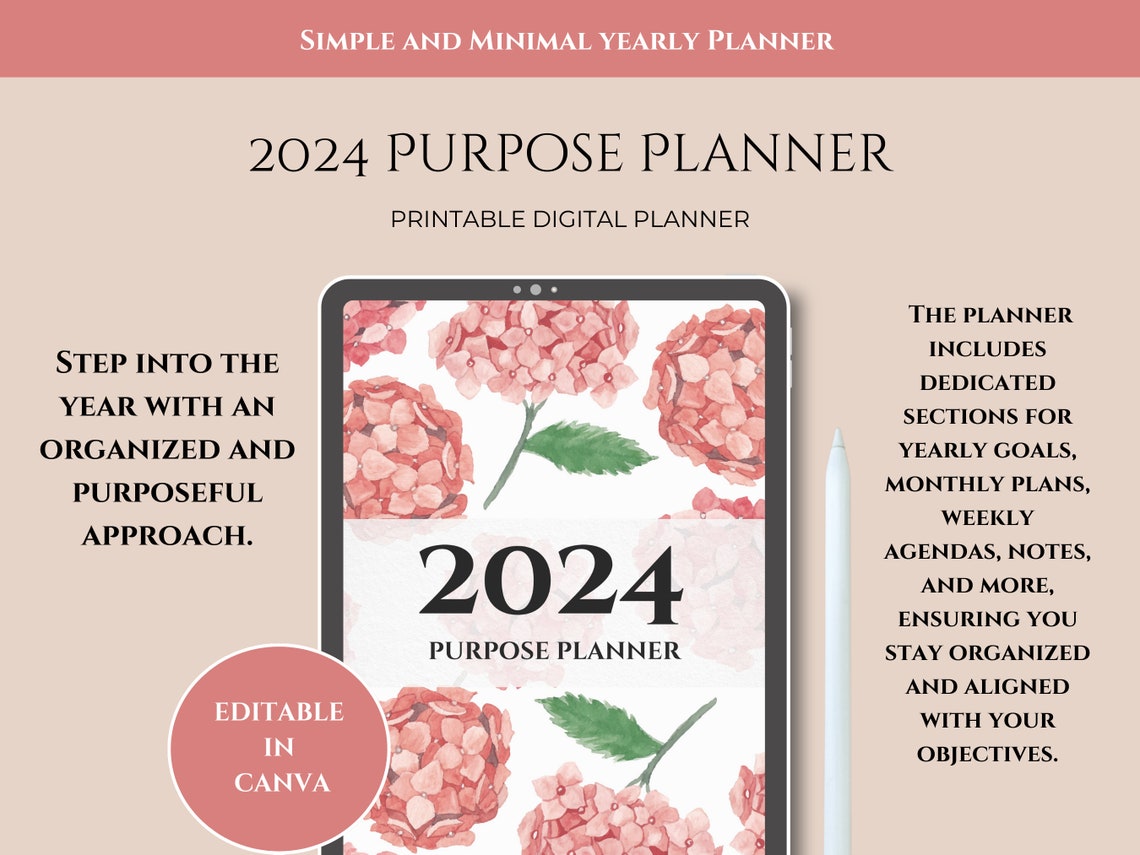 2024 Purpose Planner, 2024 Calendar, Hydrangea Business Planner, Monthly Weekly Yearly Planner ...