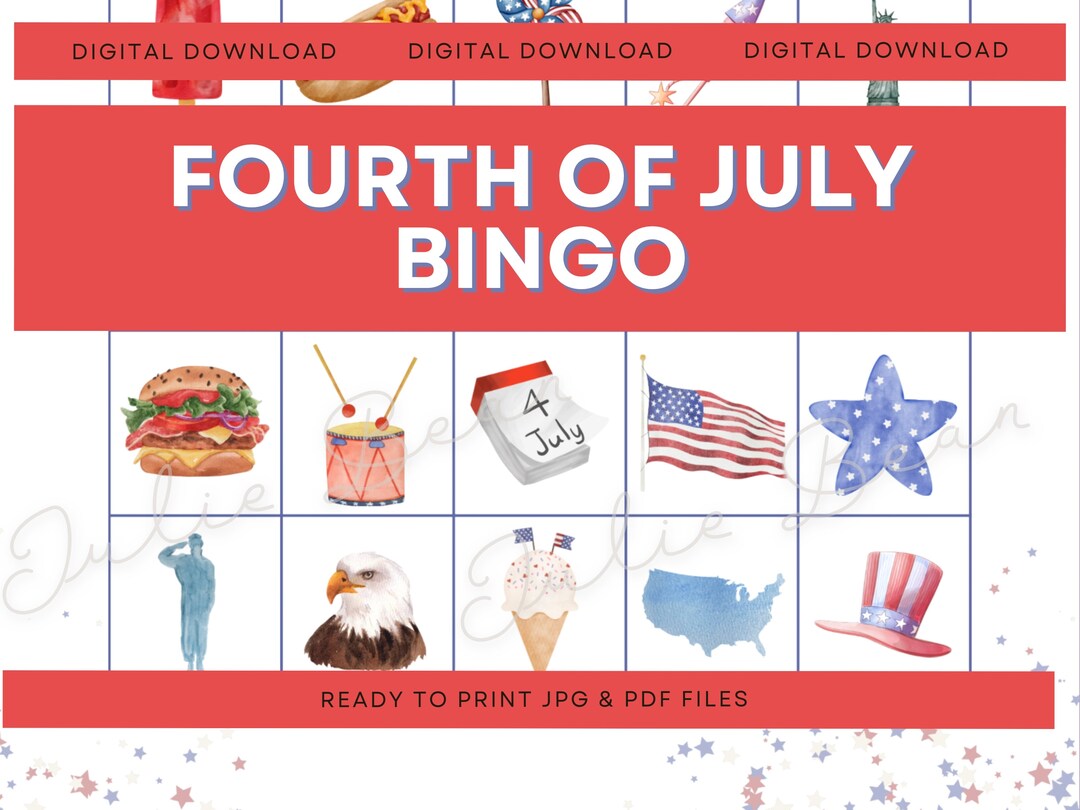 Fourth of July BINGO Printable Independence Day Activity 24 Cards Adult ...