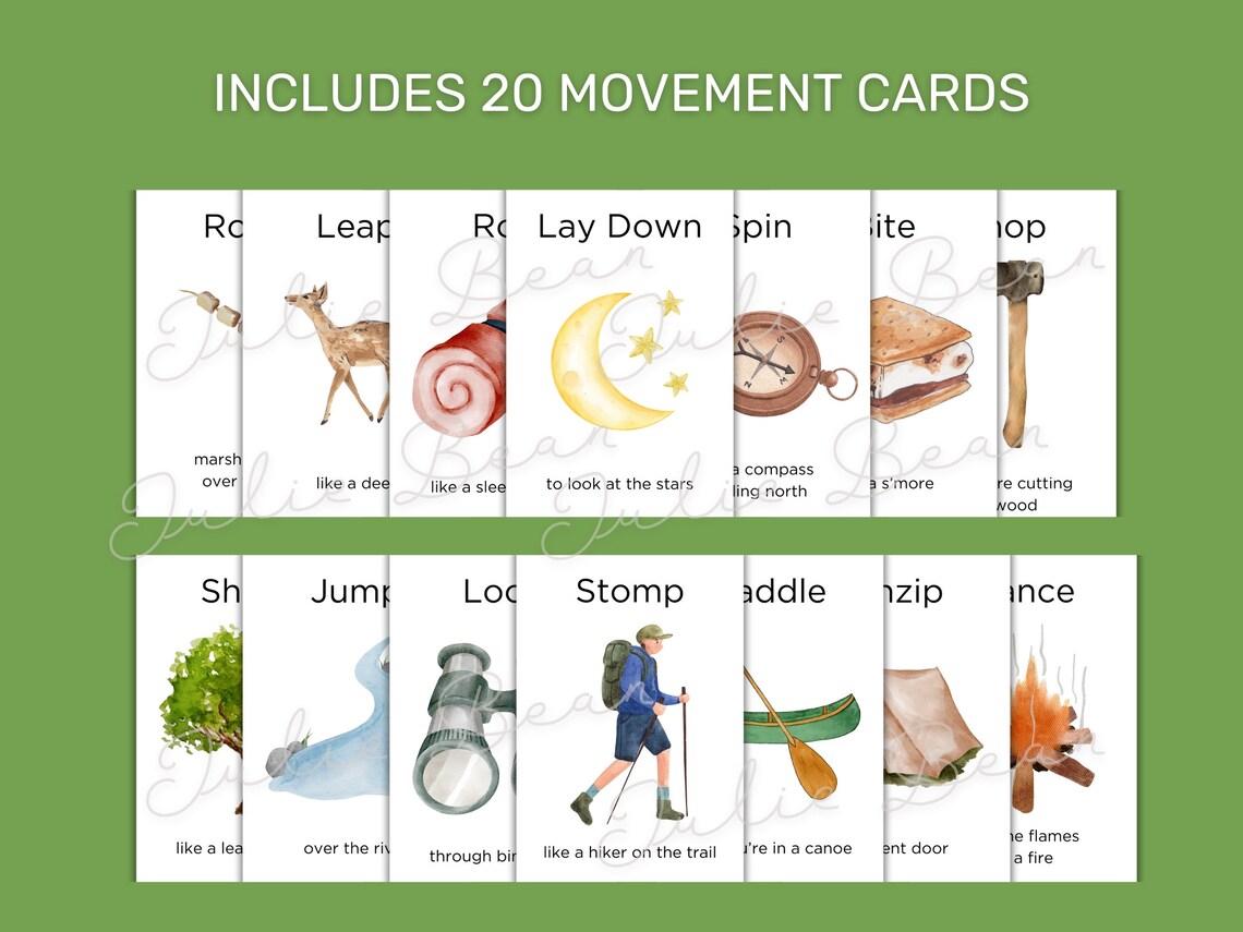 Camping Movement Cards: Watercolor Activity Flashcards (digital ...