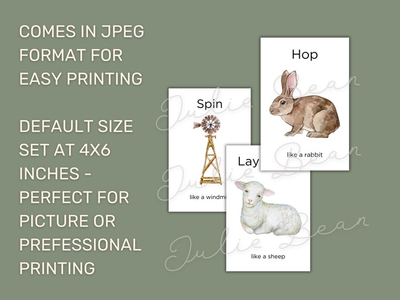 Farm Animal Movement Cards: Watercolor Montessori Flashcards (digital ...