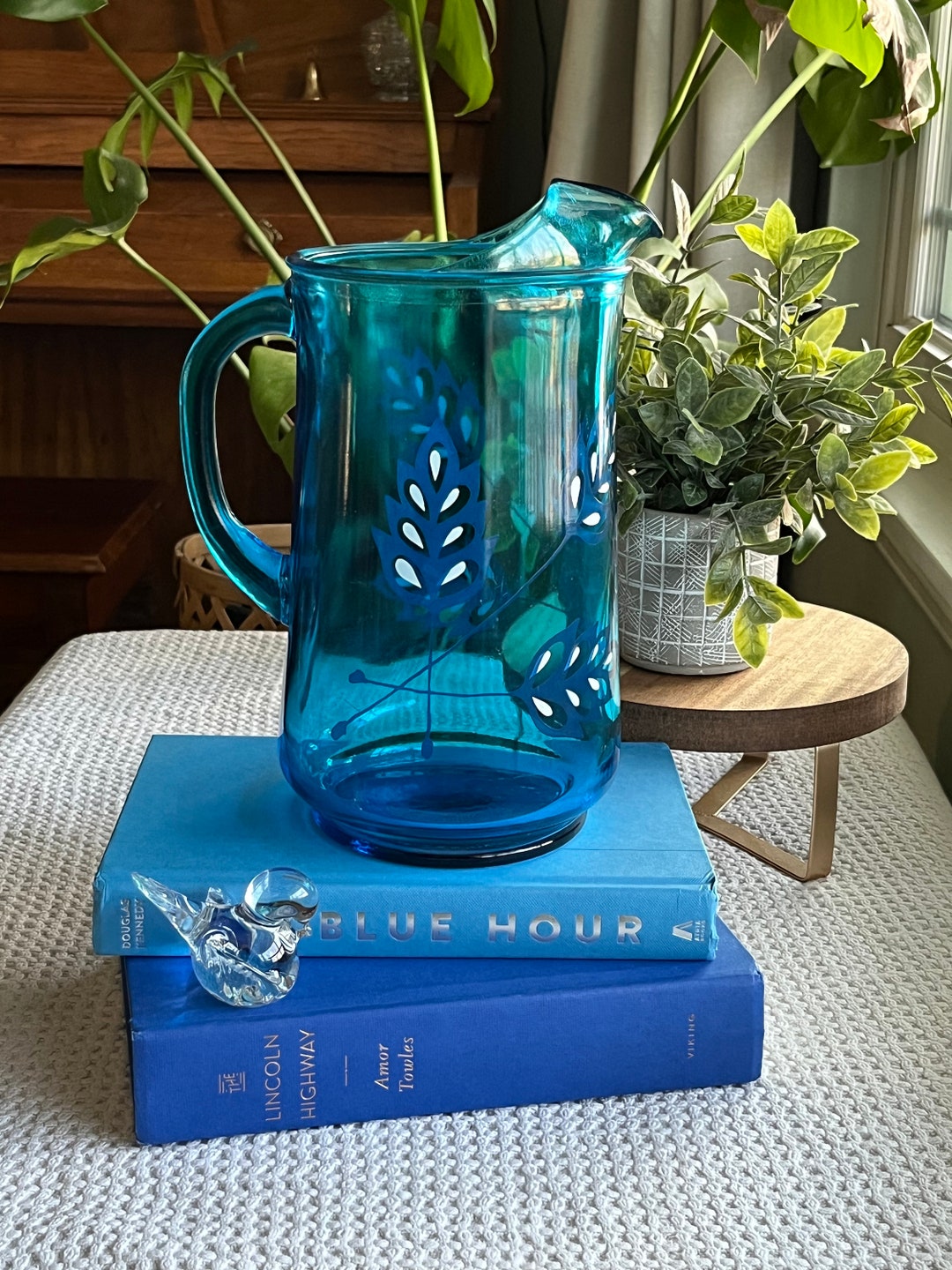 Midcentury Blue Glass Pitcher With Leaf Pattern - Etsy