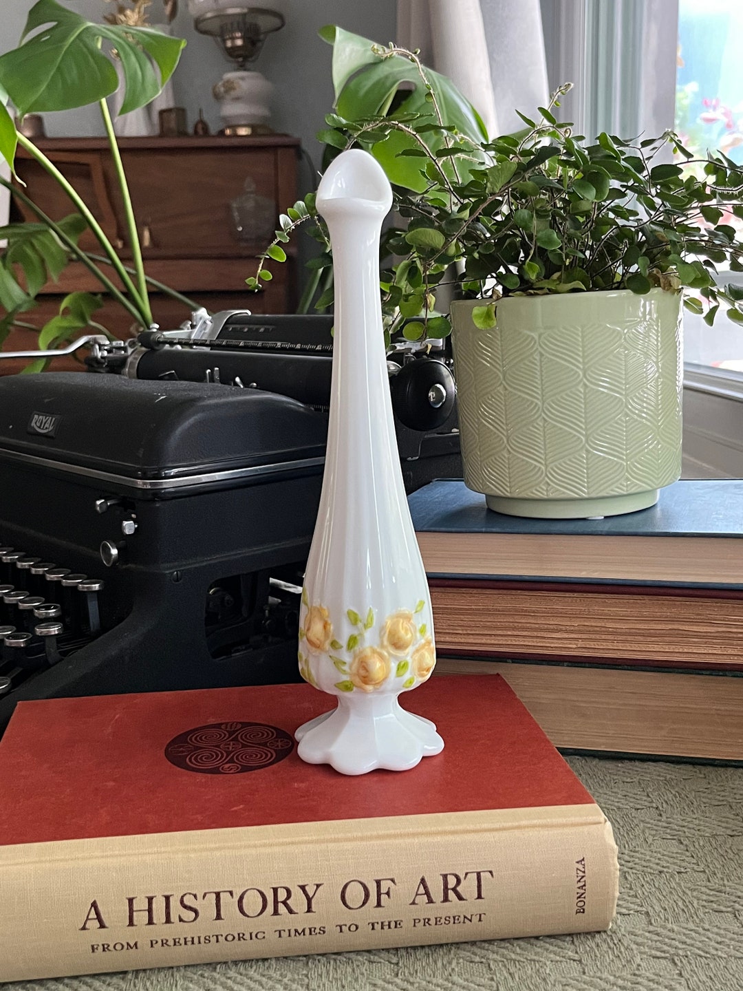 Fenton Milk Glass Handpainted Embossed Roses Swung Bud Vase - Etsy