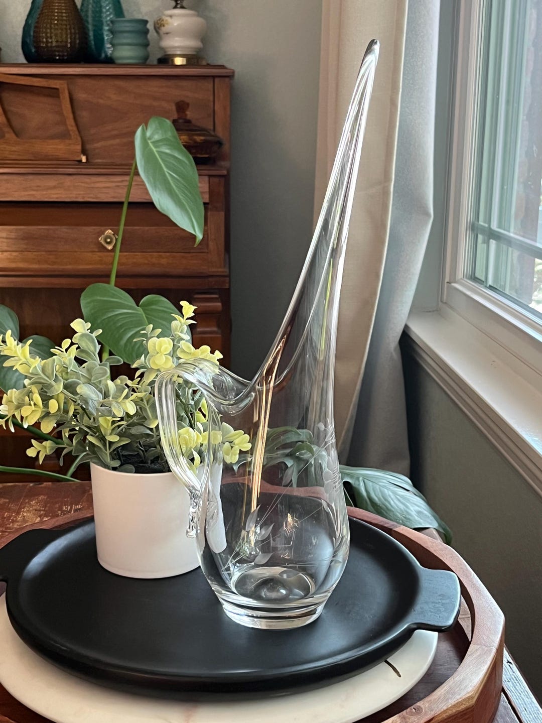 Viking Glass Crystal Clear Swung Pitcher Vase With After Market Etching ...