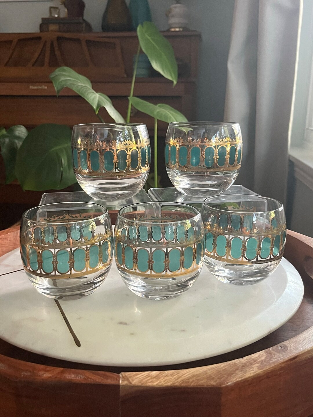Set of 5 Culver Emerald Scroll Roly Poly Glasses - Etsy