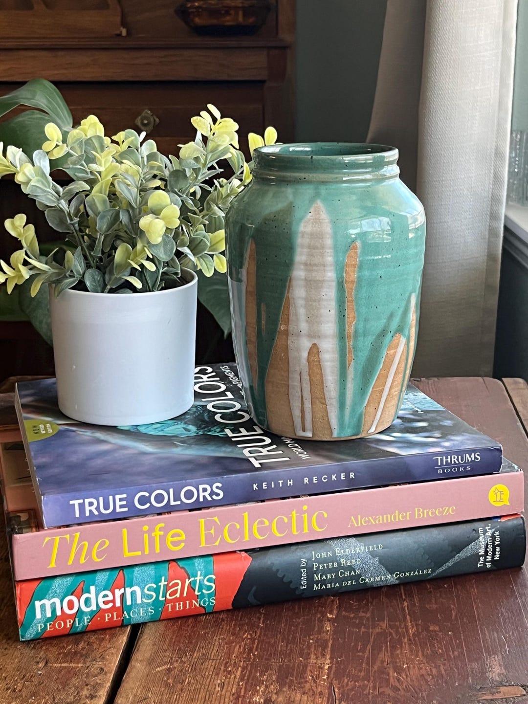 Spauk Iowa Pottery Vase, Glazed White and Teal - Etsy