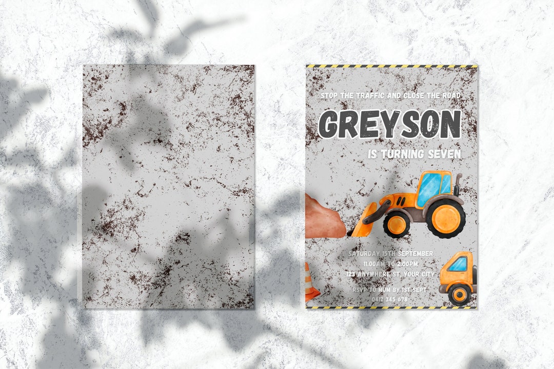 Excavator Birthday Invitation, Digger, Construction, Bulldozer, Boys ...