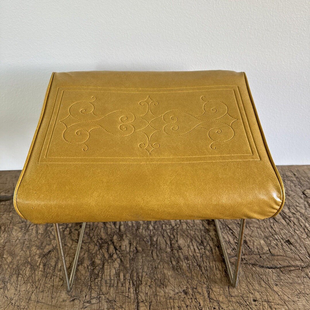 Vintage Adjustable Vinyl and Metal Footstool Embossed Mustard Yellow ...