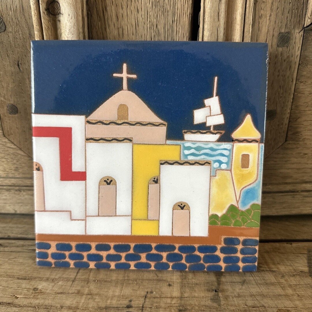 Puerto Rico Ceramic Tile Folk Art Wall Trivet Church Artist Signed F ...