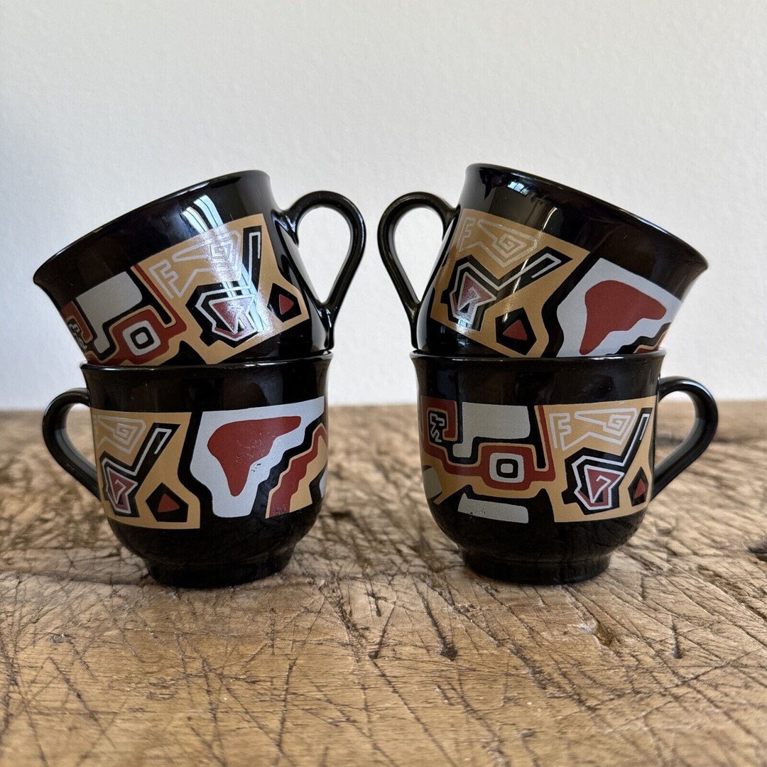 Arcoroc Black Glass Cups Set of 4 France Abstract Design Batik Unique ...