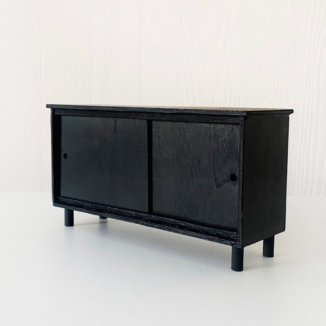 1/12 Scale Black TV Unit/buffet Cabinet With Sliding Doors, Dollhouse ...