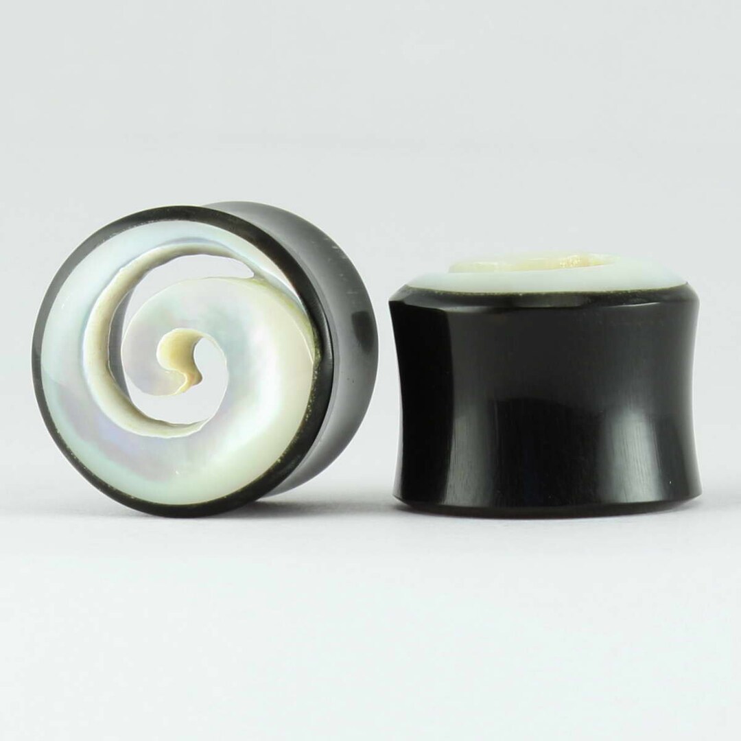 277 Buffalo Horn Plugs Mother of Pearl Carved Swirl Gauges Pair ...