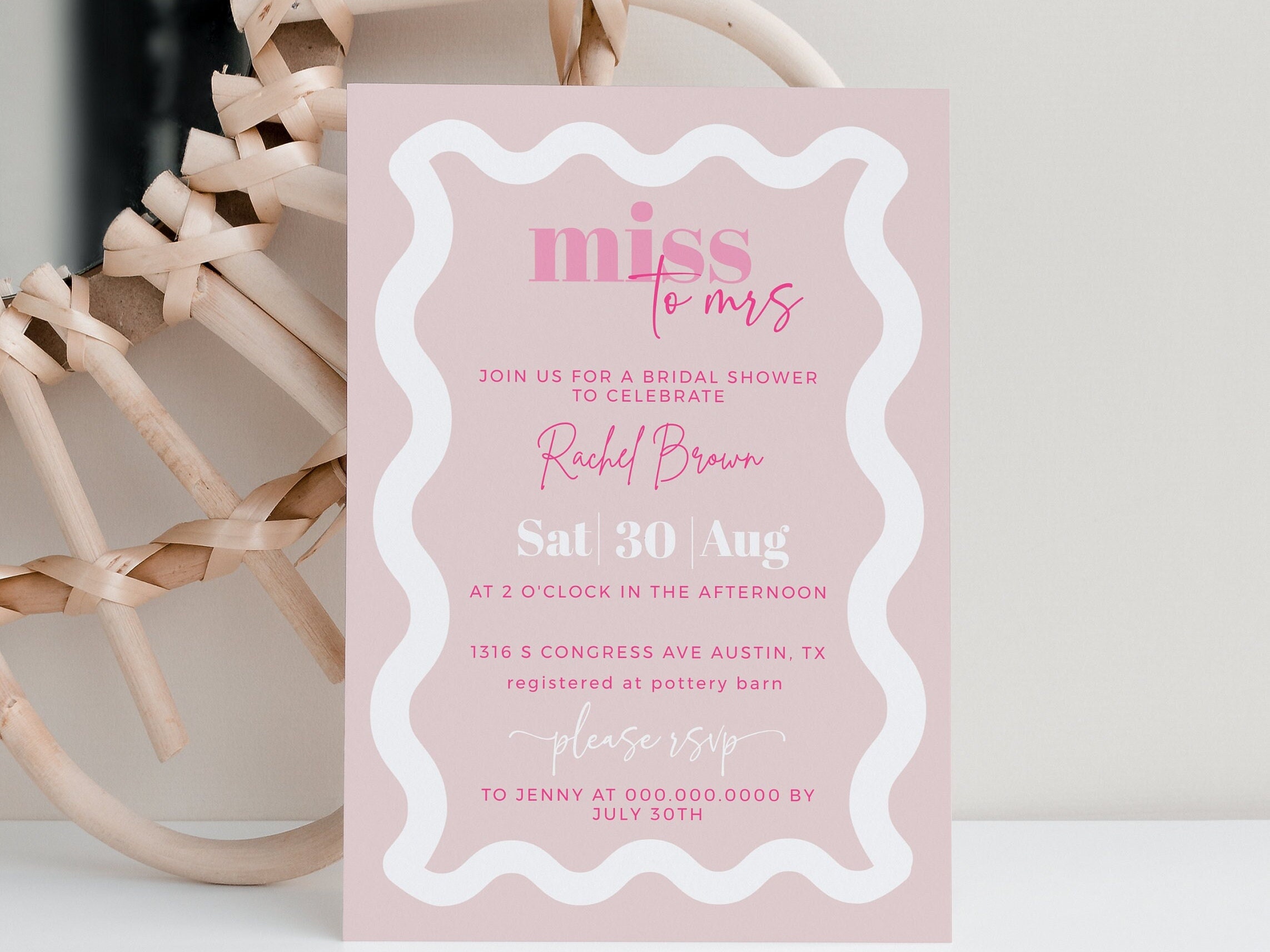 Pink Modern Bridal Shower Invitation Wavy Invitation Hot Pink Squiggly ...