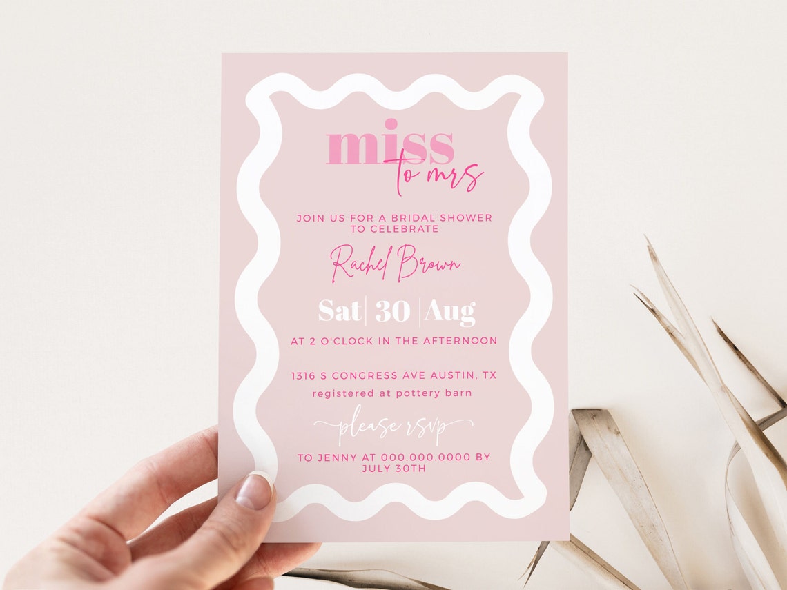 Pink Modern Bridal Shower Invitation Wavy Invitation Hot Pink Squiggly ...