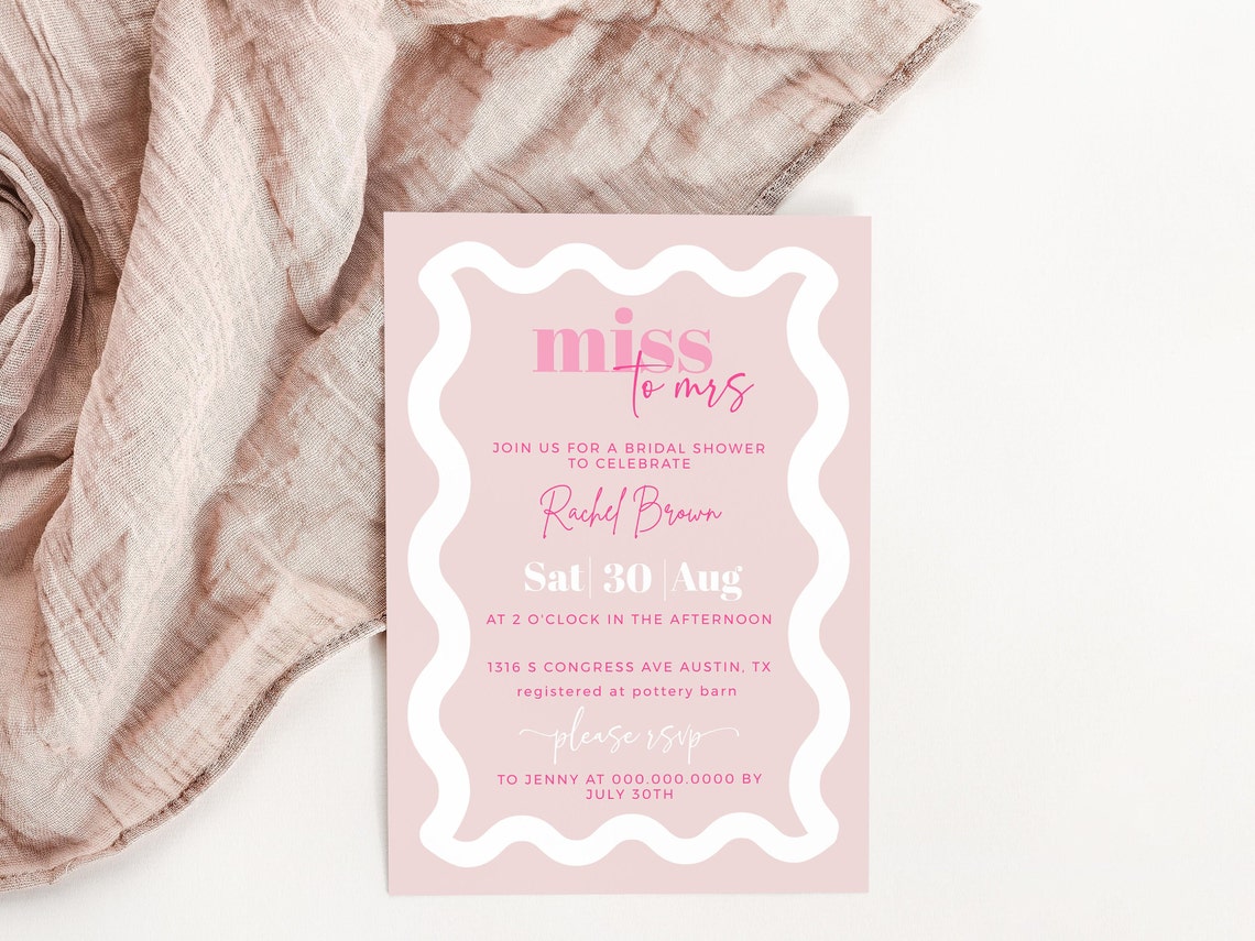 Pink Modern Bridal Shower Invitation Wavy Invitation Hot Pink Squiggly ...