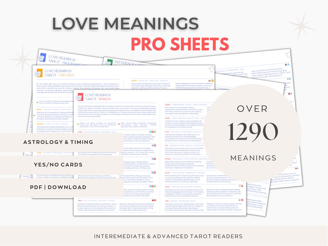 Tarot Cheat Sheet Love, Tarot Love Meanings Guide, Tarot Love Cheat Sheet, Tarot Pro Sheets ...