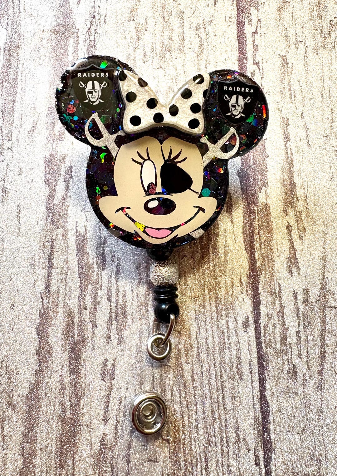 Sparkly Mouse Head Badge Reel | Raiders Minnie - Etsy