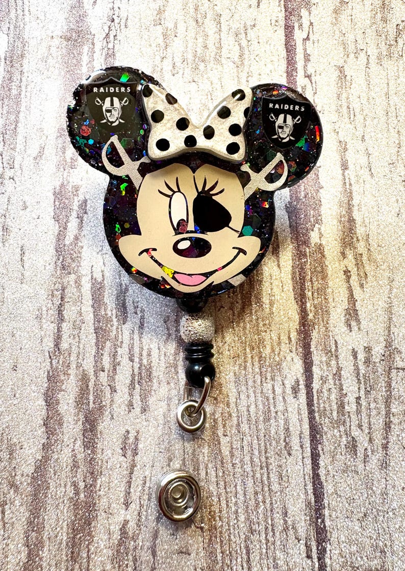 Sparkly Mouse Head Badge Reel | Raiders Minnie - Etsy