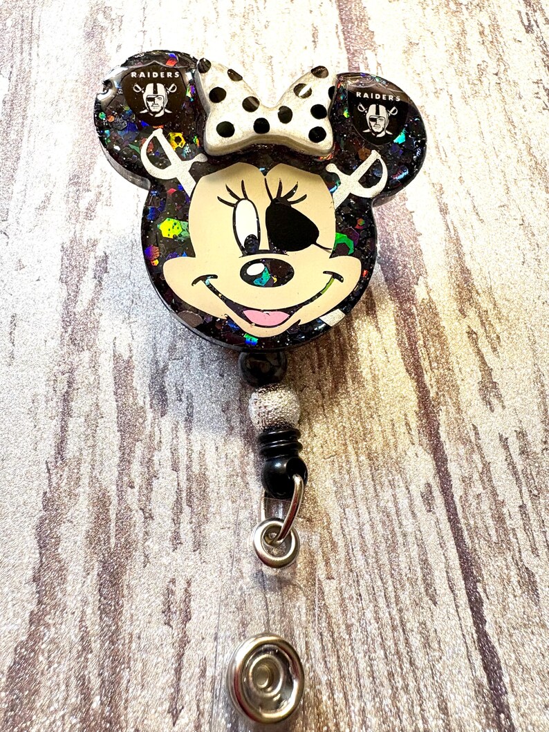 Sparkly Mouse Head Badge Reel | Raiders Minnie - Etsy