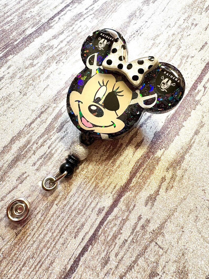 Sparkly Mouse Head Badge Reel | Raiders Minnie - Etsy