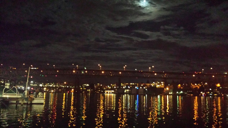 Night Cityscape on Lk Union, Seattle. Moonlight and Clouds. Digital ...
