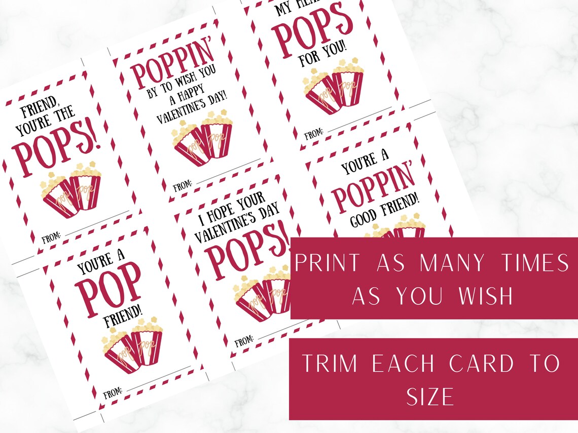 PRINTABLE Popcorn Valentine's Day Card Set, Classroom Valentine's Cards ...