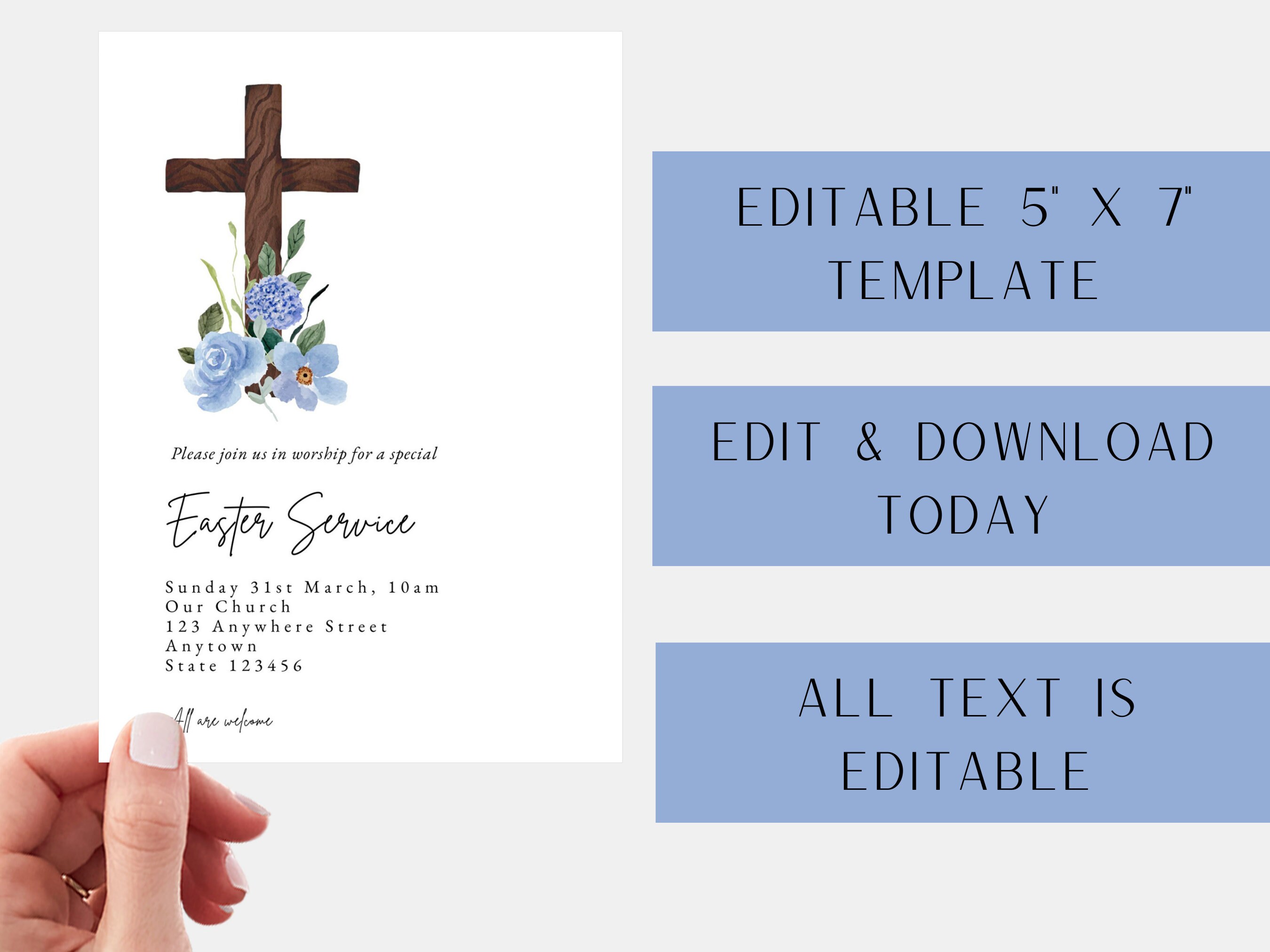 EDITABLE Easter Service Invitation, Floral Cross Flyer for Religious ...