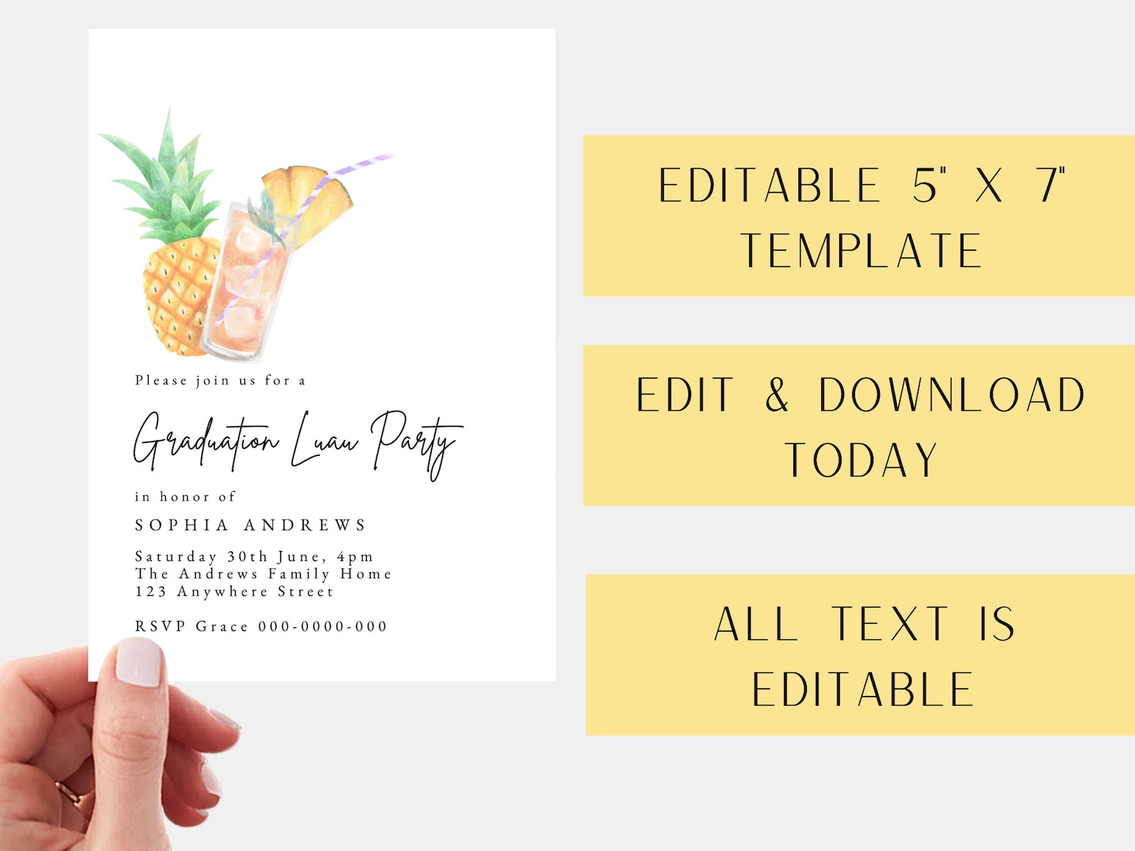 EDITABLE Graduation Luau Party Invitation, Watercolor Template for ...