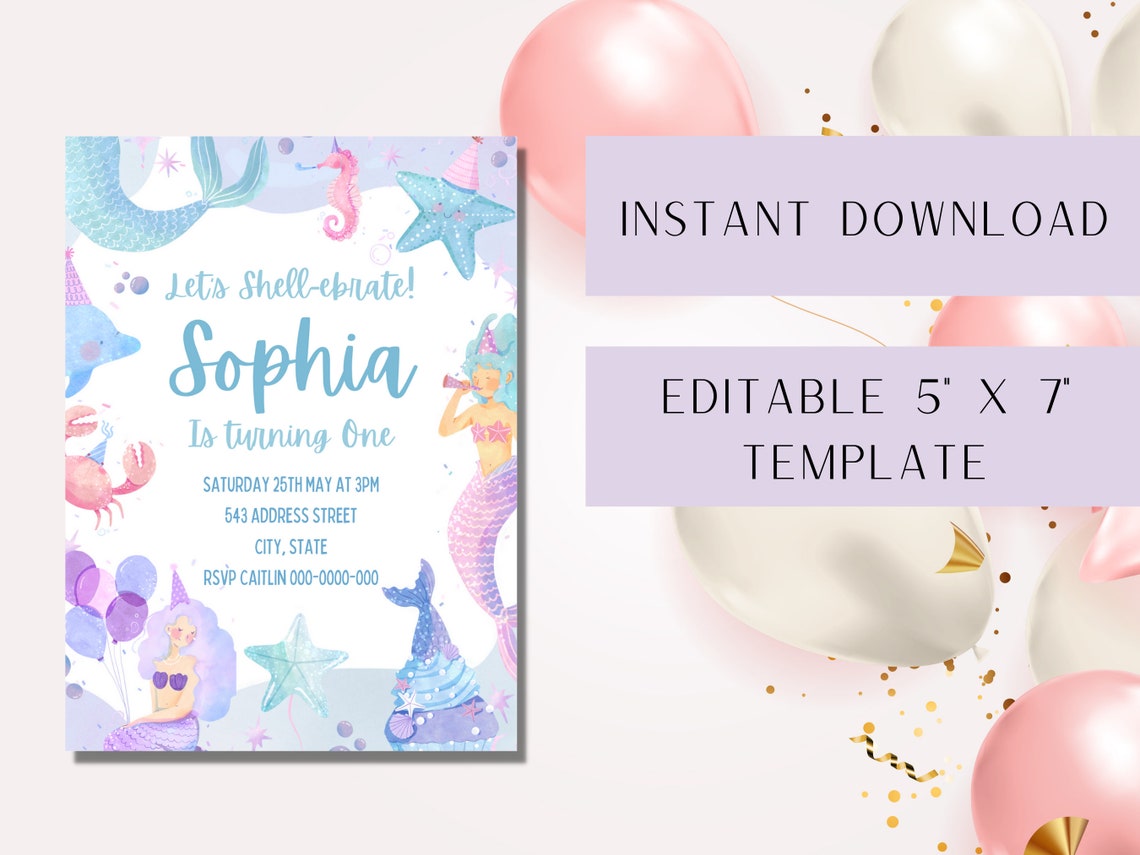 EDITABLE Let's Shellebrate Mermaid Birthday Invitation, Any Age Invite ...