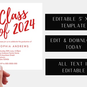 EDITABLE Class of 2024 Red Graduation Invite, Grad Party Invitation ...