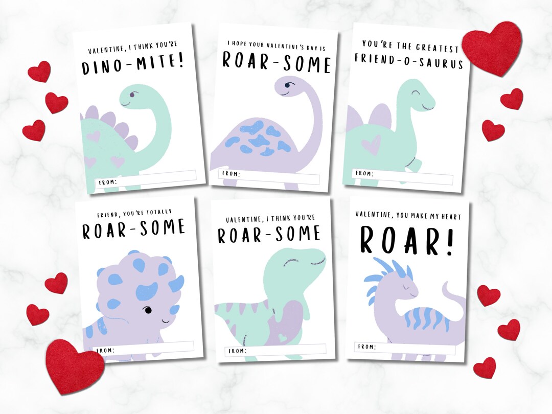 PRINTABLE Dinosaur Valentine's Day Card Set, Kids Classroom Valentine ...