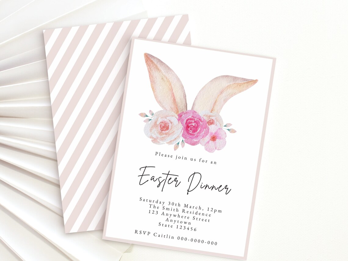 EDITABLE Easter Dinner Invitation, Cute Watercolor Floral Bunny Invite ...